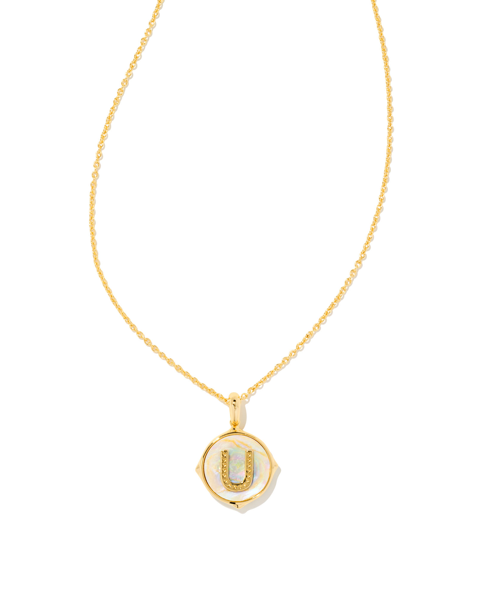 Letter U Gold Disc Reversible Pendant Necklace in Iridescent Abalone ...