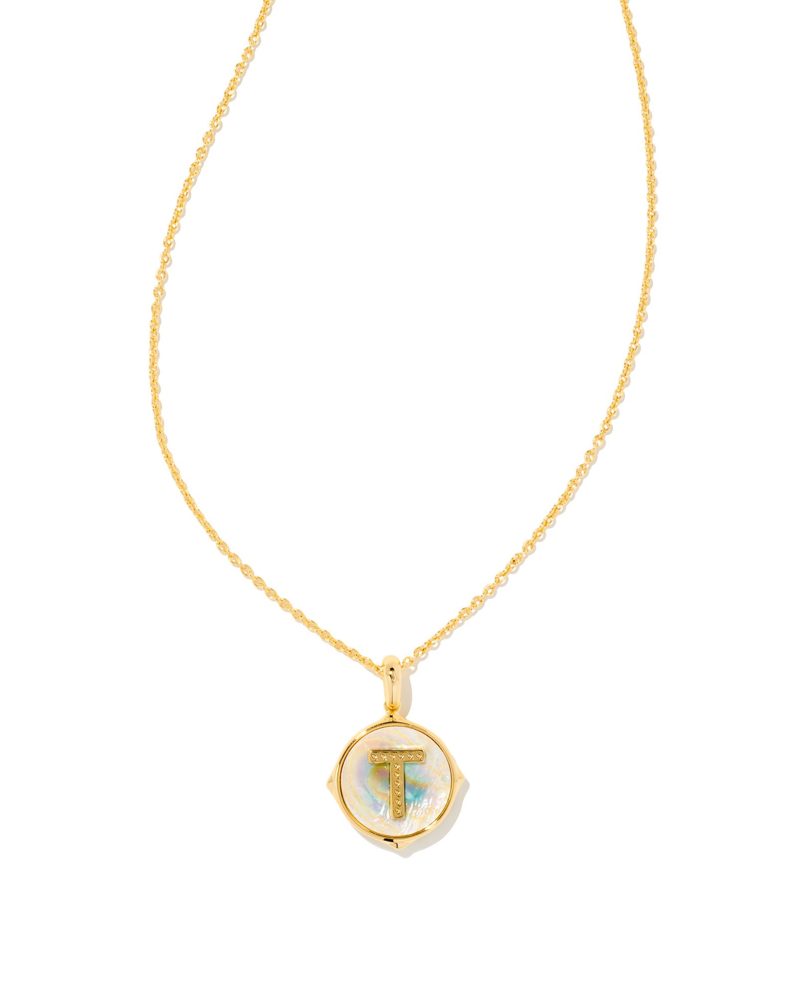 Letter T Gold Disc Reversible Pendant Necklace in Iridescent Abalone ...