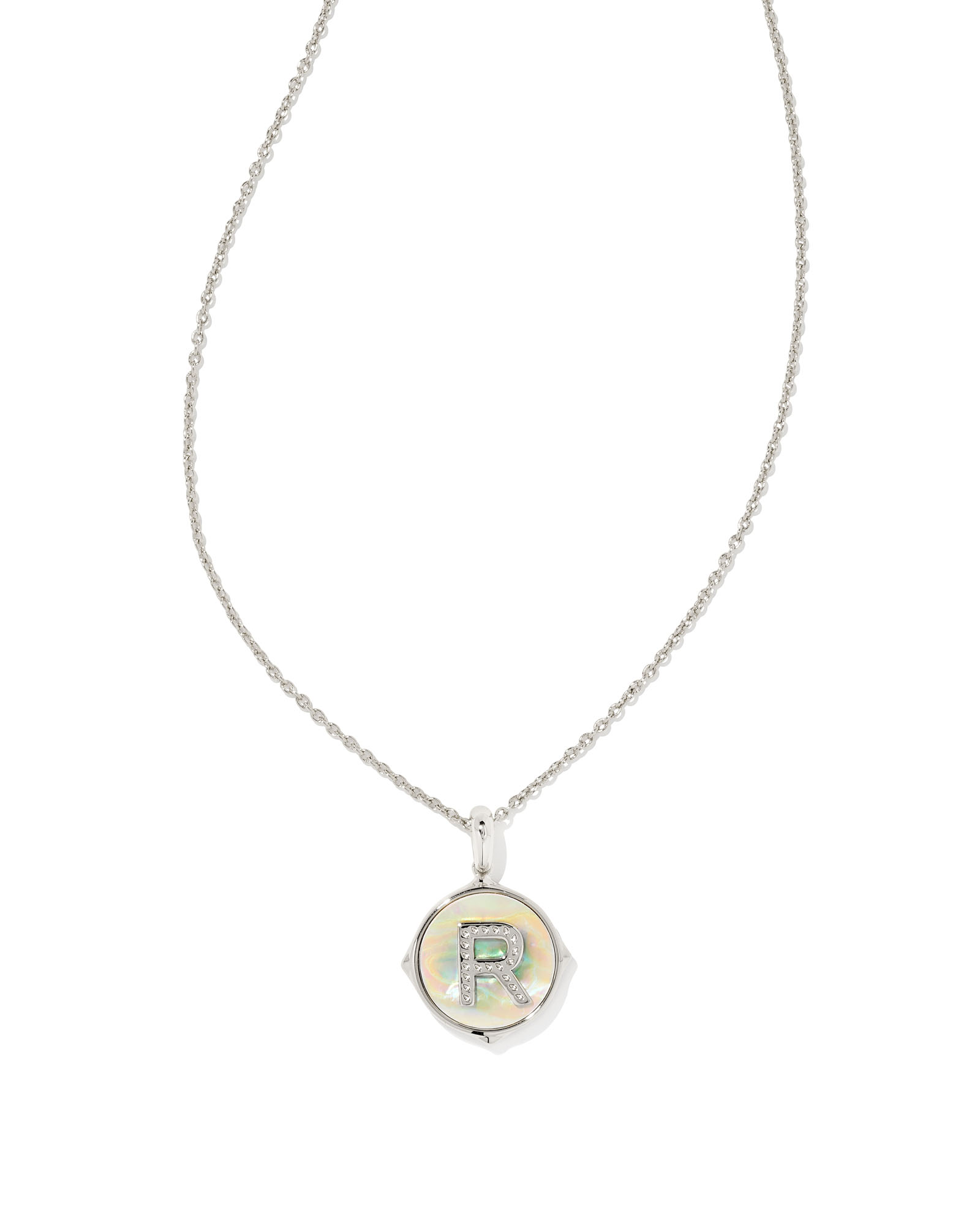 Letter R Silver Disc Reversible Pendant Necklace in Iridescent Abalone ...