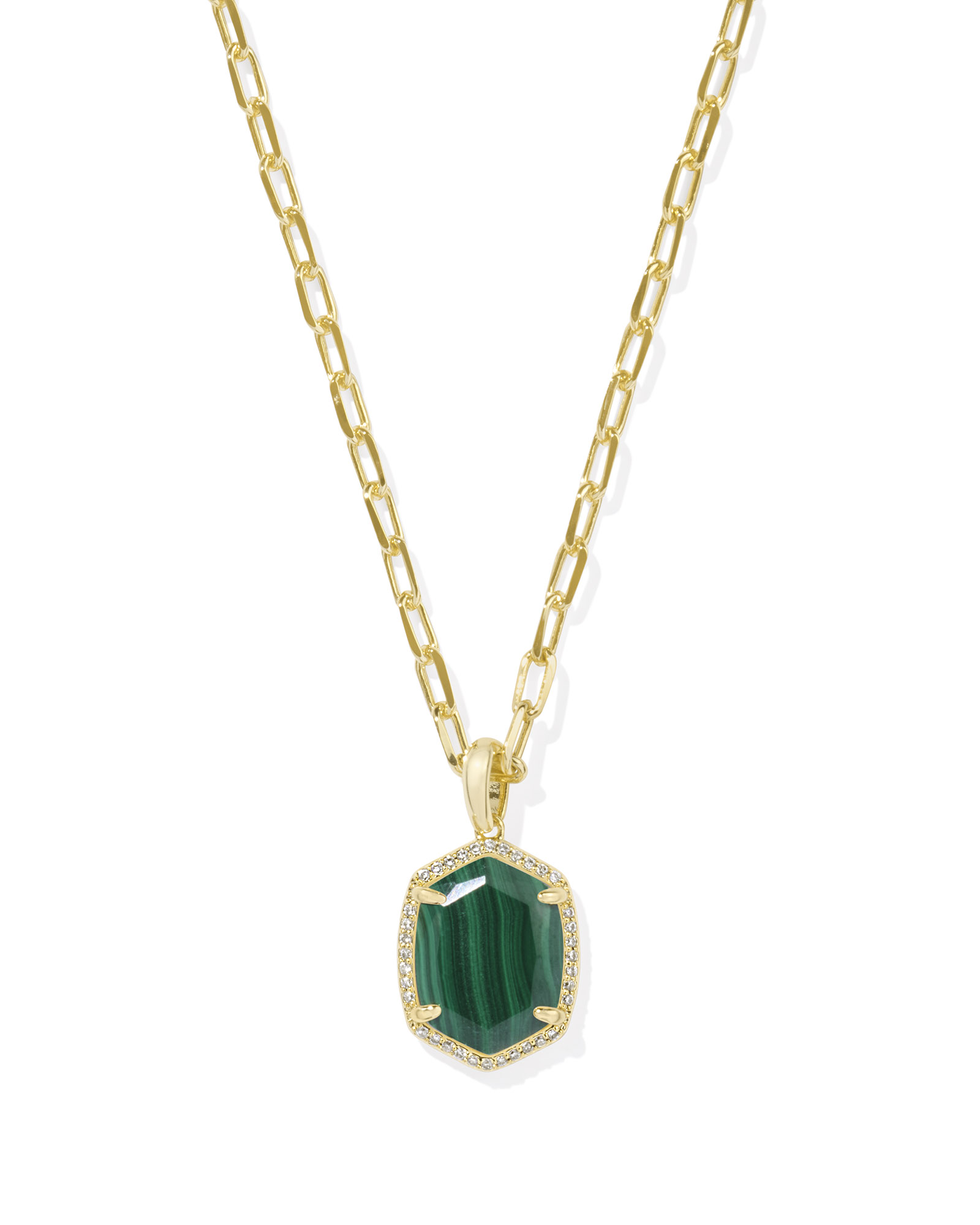 Daphne Gold Pave Frame Short Pendant Necklace in Green Malachite ...